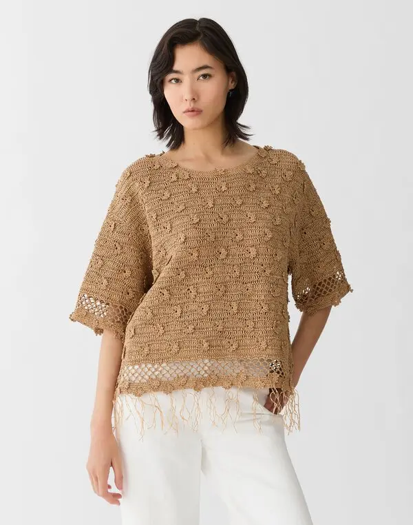 Lafayette 148 New York Hand Crocheted Paper Ribbon Floral Sweater - Cammello