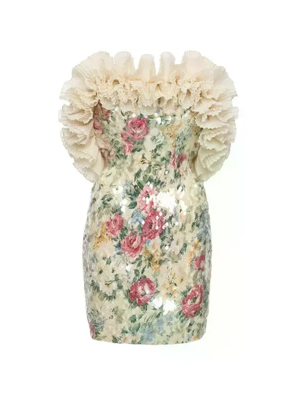 NISSA Ruffled Sequin-embellished Mini Dress - Neutrals