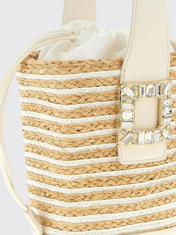ROGER VIVIER Viv' Skate Raffia And Leather Mini Bucket Bag With Jewel Buckle