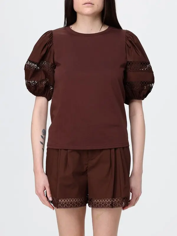TWINSET Cotton Top With Lace Balloon Sleeves - Coffee