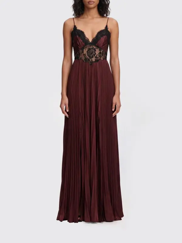 SELF-PORTRAIT Pleated Crêpe Long Dress - Brown