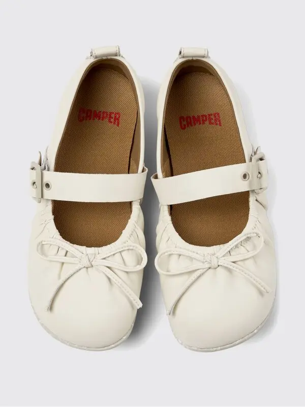 Camper Wabi Recycled Leather Ballerinas With Bow And Adjustable Strap - White