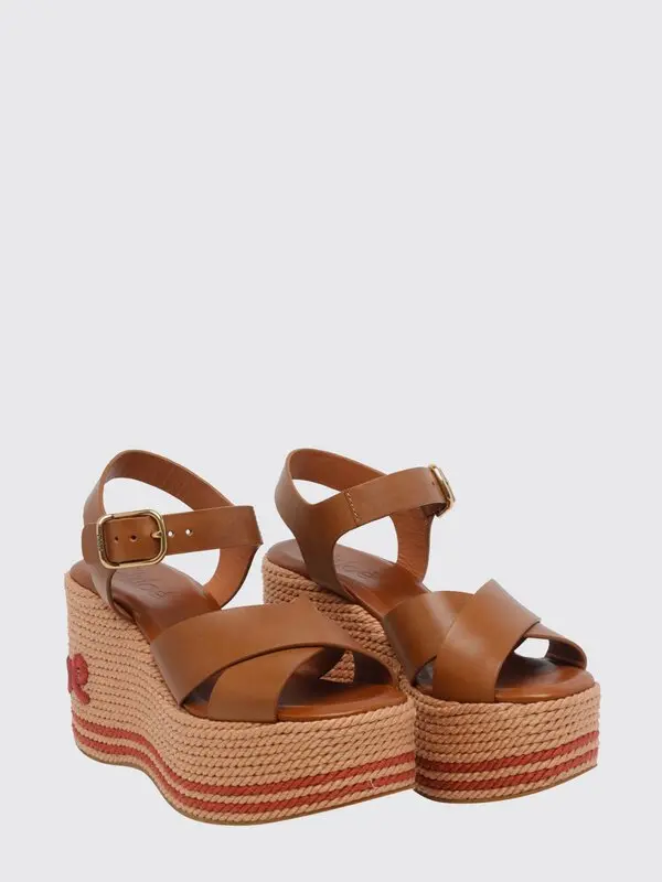 Chloé High Wedge Sandals In Calfskin Leather With Embroidered Logo - Brown