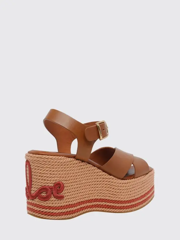 Chloé High Wedge Sandals In Calfskin Leather With Embroidered Logo - Brown