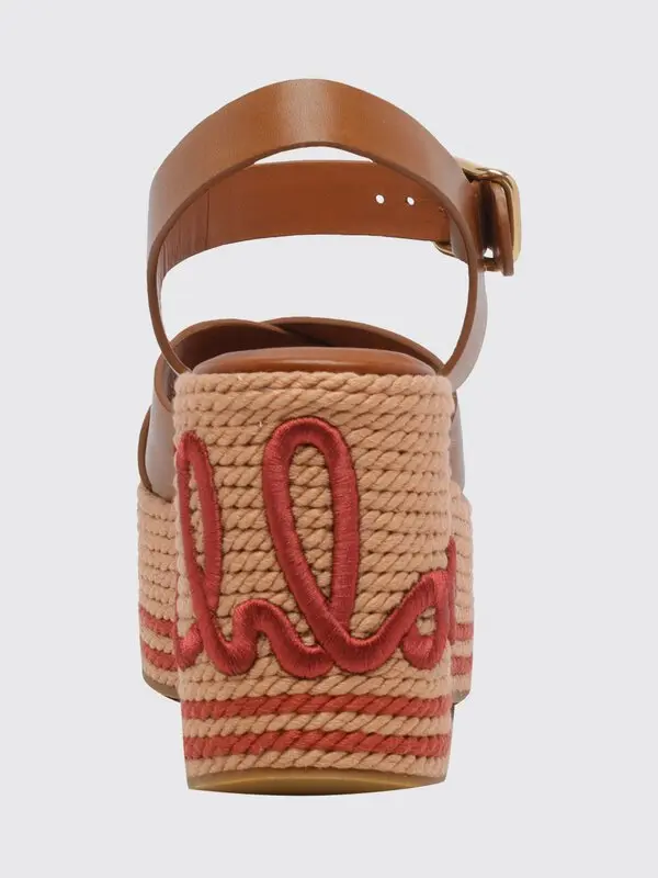 Chloé High Wedge Sandals In Calfskin Leather With Embroidered Logo - Brown