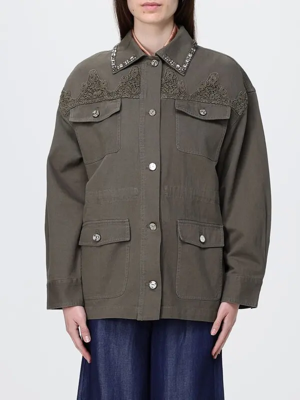Liu Jo Cotton Shirt Jacket With Embroidery And Crystals - Green