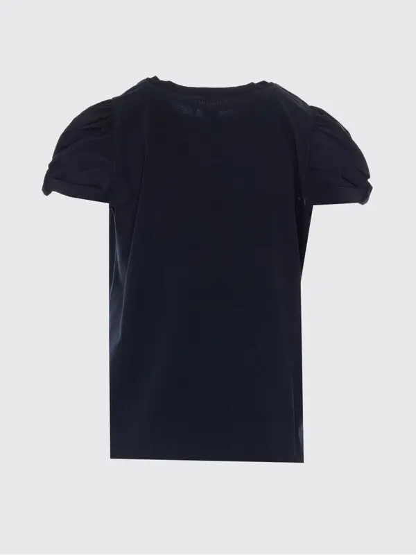 TWINSET Slim Fit Cotton Top With Puff Sleeves And Crew Neck - Black