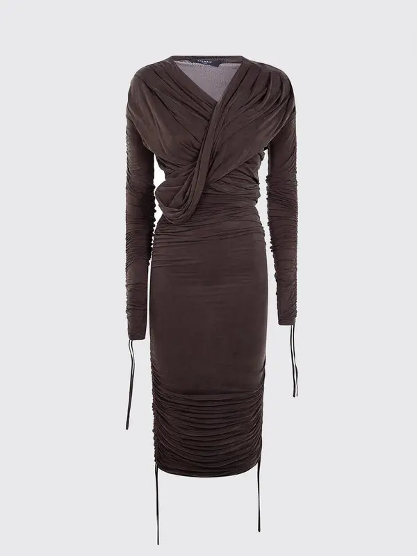 Balmain Draped Jersey Midi Dress - Brown