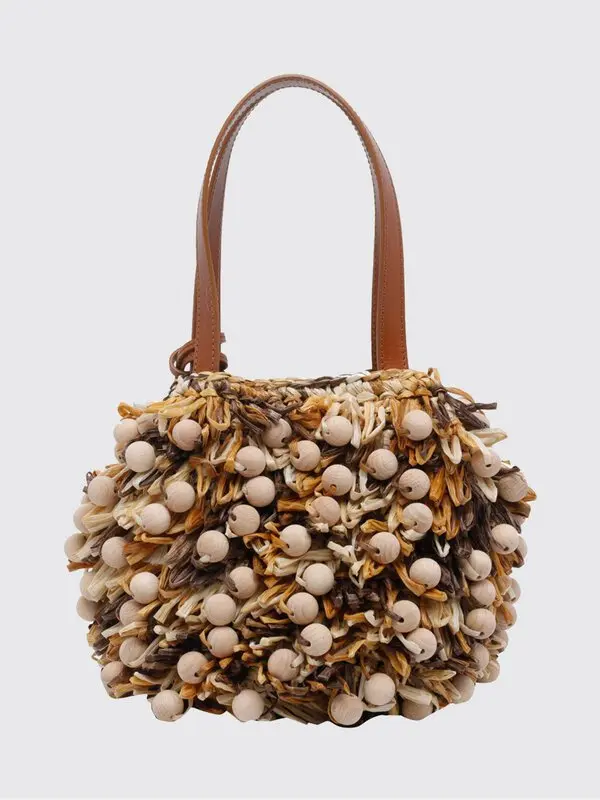 AQUAZZURA Embroidered Raffia Handbag With Wooden Handles And Fringe Detail
