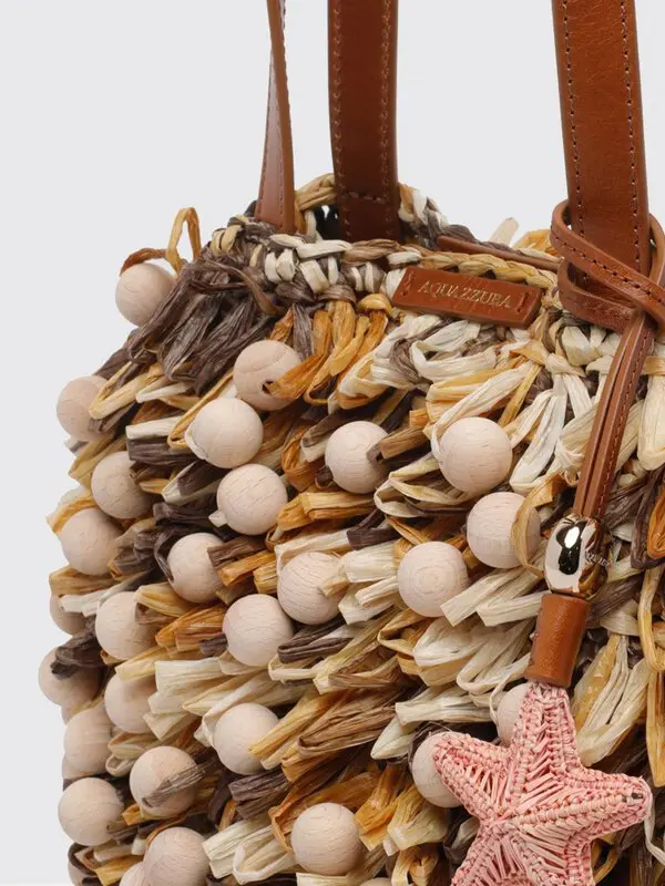 AQUAZZURA Embroidered Raffia Handbag With Wooden Handles And Fringe Detail