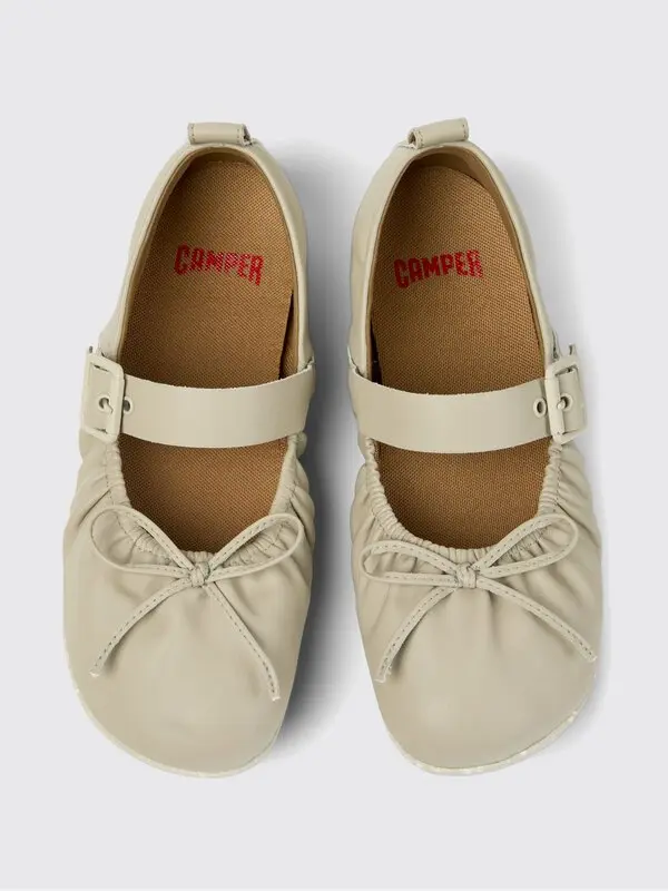 Camper Recycled Leather Mary Jane Flats With Bow And Adjustable Strap - Beige