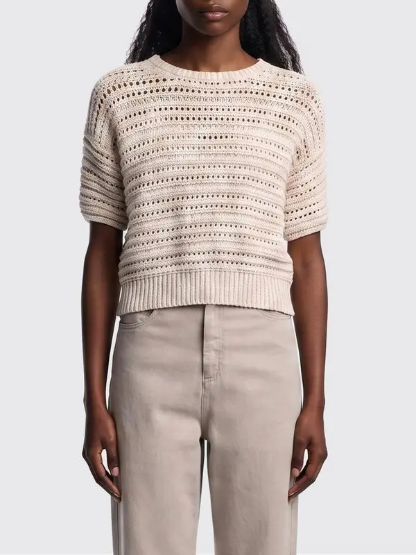 Emporio Armani Perforated Cotton Blend Knit Top With Crew Neck And Button Back - Beige