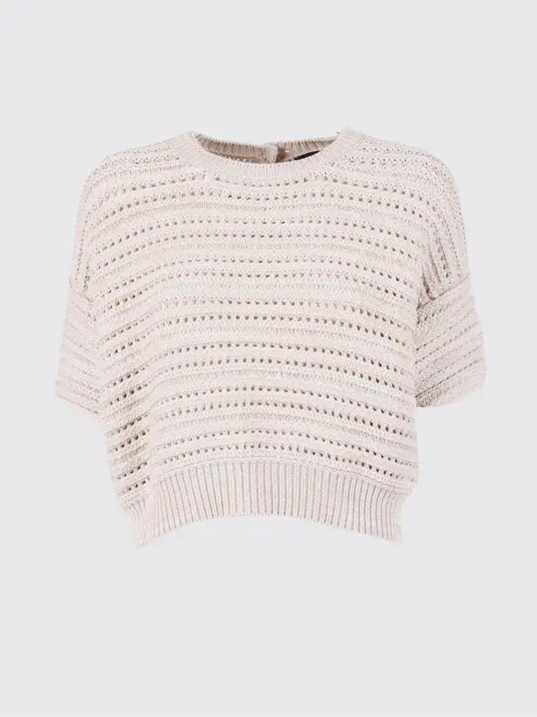 Emporio Armani Perforated Cotton Blend Knit Top With Crew Neck And Button Back - Beige