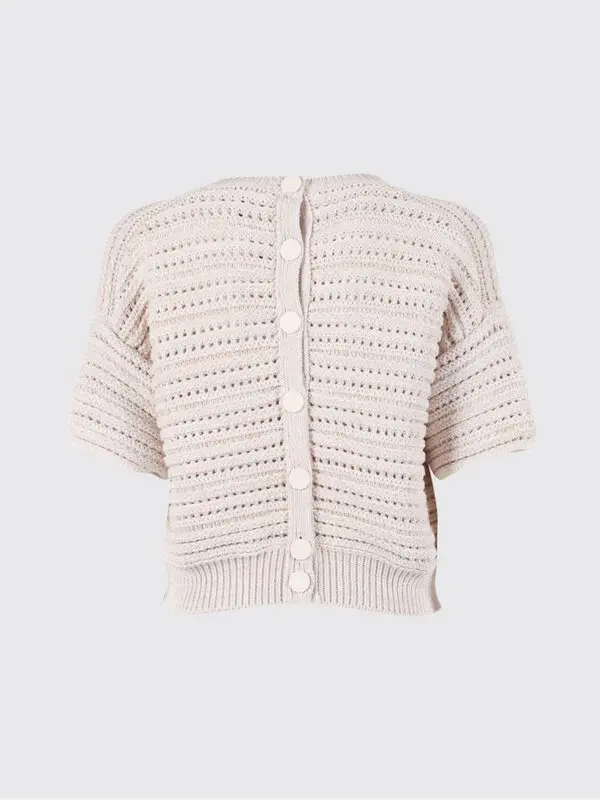 Emporio Armani Perforated Cotton Blend Knit Top With Crew Neck And Button Back - Beige