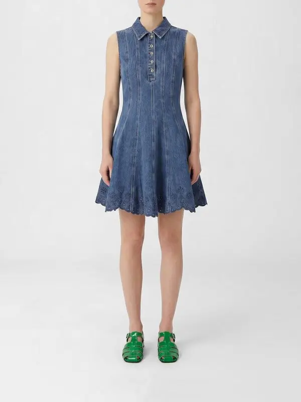 SELF-PORTRAIT Denim Shirt Dress With Scalloped Hem