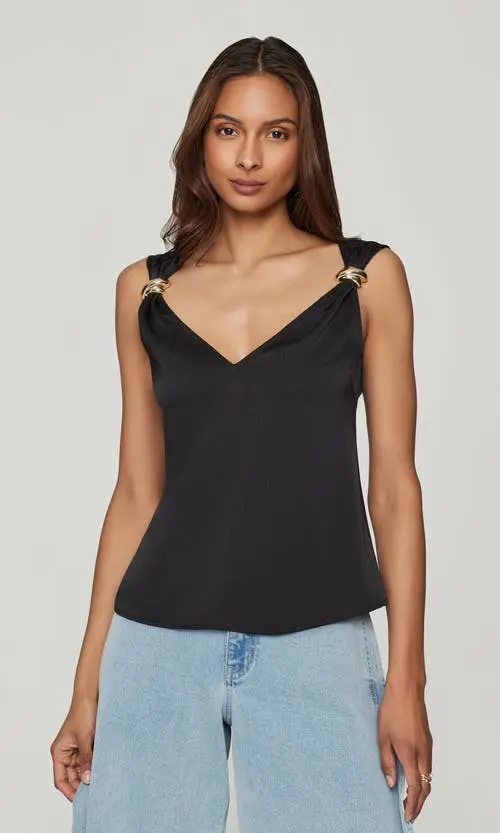 Generation Love Hammered Satin V-neck Blouse With Ring Straps - Black