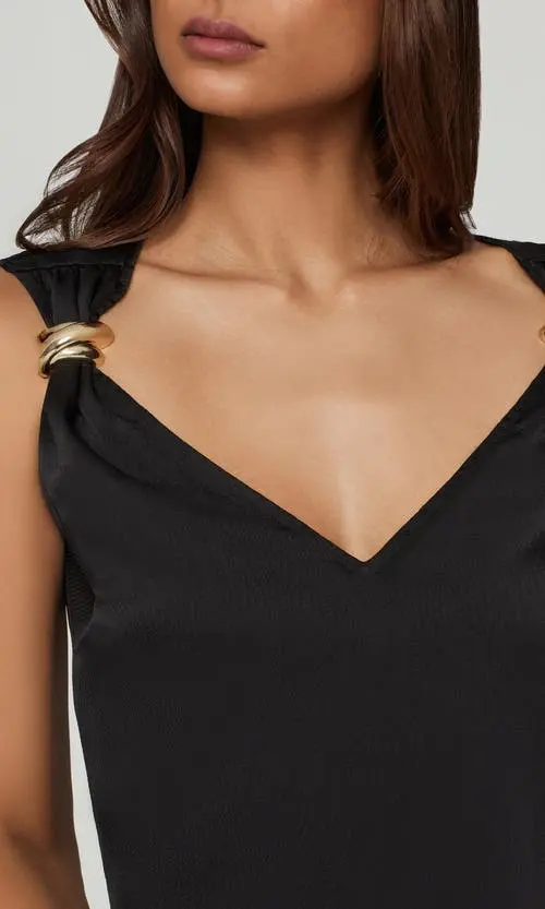 Generation Love Hammered Satin V-neck Blouse With Ring Straps - Black