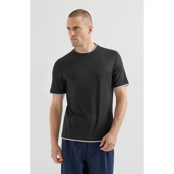 Brunello Cucinelli Silk And Cotton Lightweight Jersey Crew Neck T-shirt With Faux-layering - Black