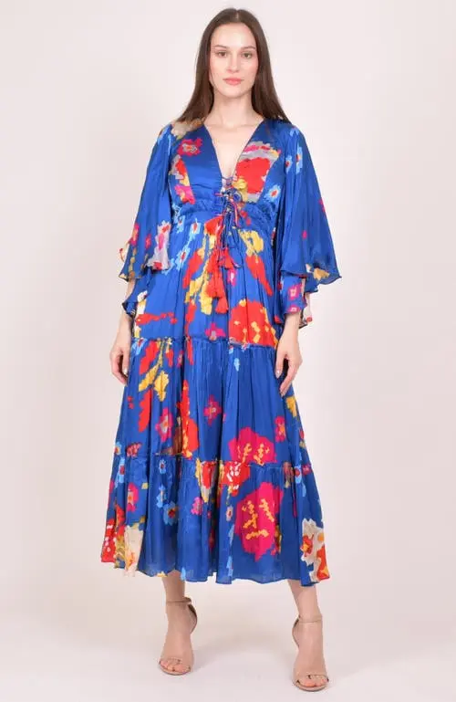 RAAS Printed Chiffon Maxi Dress With Angel Sleeves