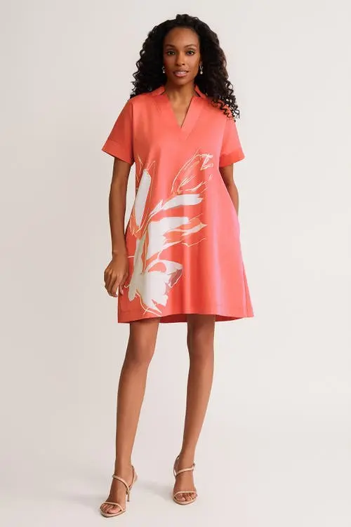 Ming Wang Relaxed A-line Floral Printed Stretch Cotton Dress - Sunkist Coral/white