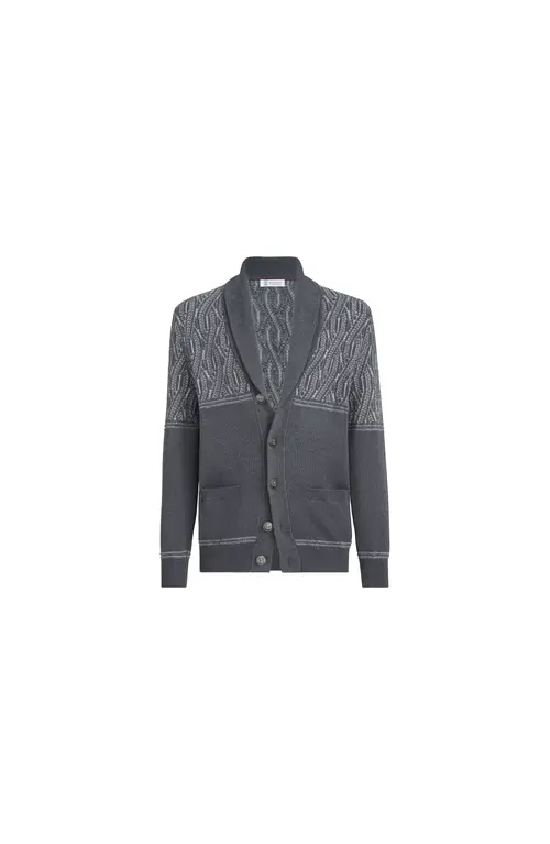 Brunello Cucinelli Cotton Shawl Collar Cardigan With Jacquard Cable Shoulder - Medium Grey