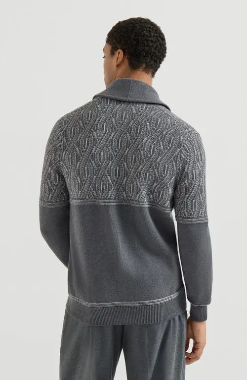 Brunello Cucinelli Cotton Shawl Collar Cardigan With Jacquard Cable Shoulder - Medium Grey
