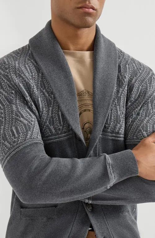 Brunello Cucinelli Cotton Shawl Collar Cardigan With Jacquard Cable Shoulder - Medium Grey