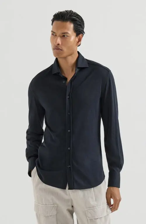 Brunello Cucinelli Silk And Cotton Lightweight Jersey Shirt With Spead Collar - Blue