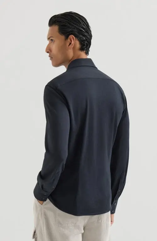Brunello Cucinelli Silk And Cotton Lightweight Jersey Shirt With Spead Collar - Blue