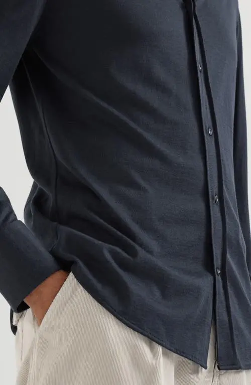 Brunello Cucinelli Silk And Cotton Lightweight Jersey Shirt With Spead Collar - Blue