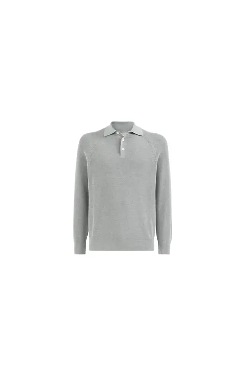 Brunello Cucinelli Cotton English Rib Knit Polo With Long Raglan Sleeves - Light Grey