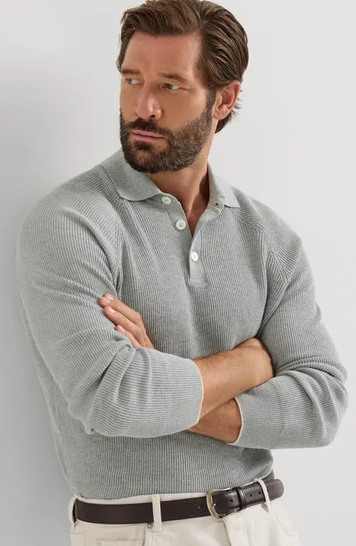 Brunello Cucinelli Cotton English Rib Knit Polo With Long Raglan Sleeves - Light Grey
