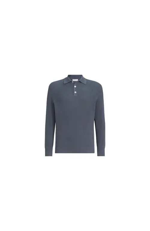 Brunello Cucinelli Cotton English Rib Knit Polo With Long Raglan Sleeves - Lignite Grey