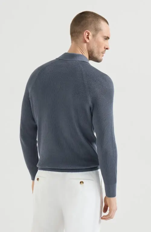 Brunello Cucinelli Cotton English Rib Knit Polo With Long Raglan Sleeves - Lignite Grey