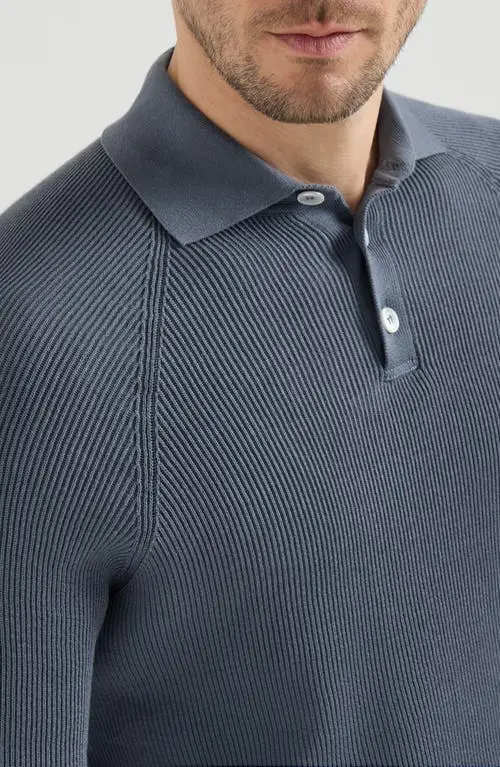 Brunello Cucinelli Cotton English Rib Knit Polo With Long Raglan Sleeves - Lignite Grey