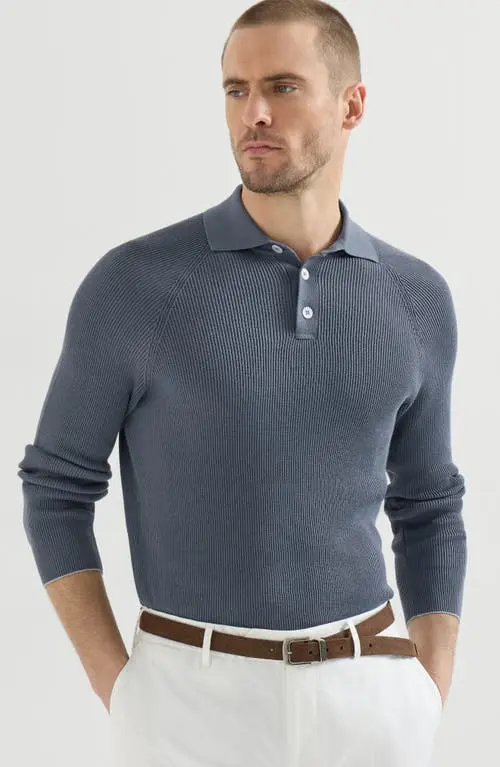 Brunello Cucinelli Cotton English Rib Knit Polo With Long Raglan Sleeves - Lignite Grey