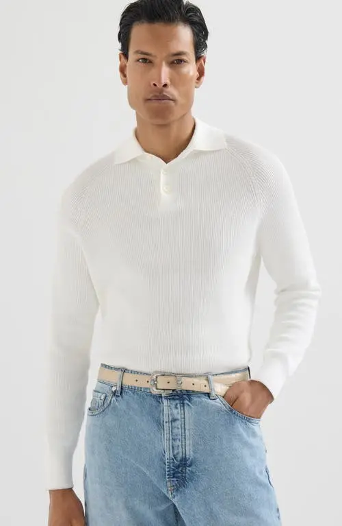 Brunello Cucinelli Cotton English Rib Knit Polo With Long Raglan Sleeves - Panama