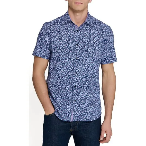 CON.STRUCT Slim Fit Floral Seersucker Short Sleeve Shirt - Navy
