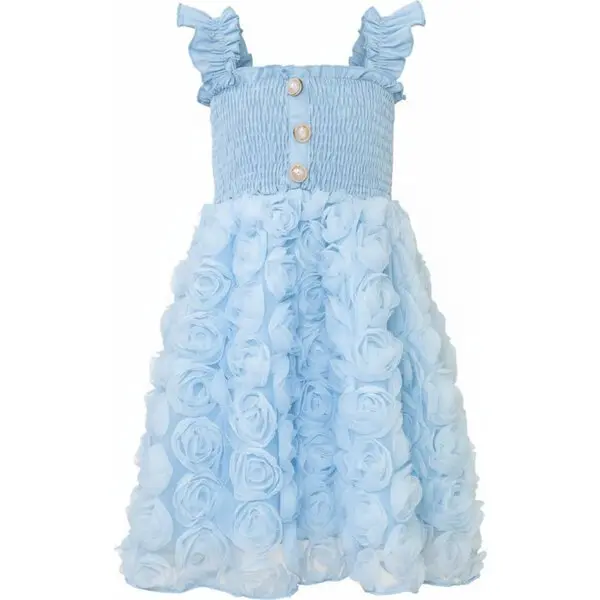 MIA BELLE GIRLS Bell Bloom Pearl Button Rosette Tulle Dress - Blue
