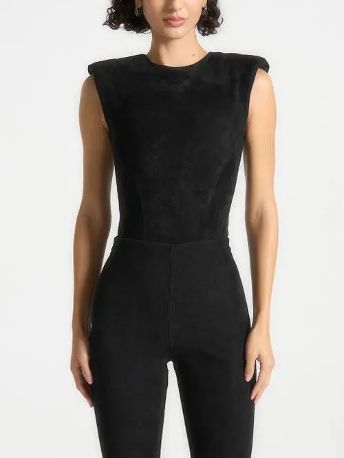 Manière De Voir Wide Shoulder Suede Bodysuit - Black