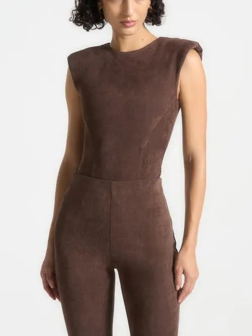 Manière De Voir Wide Shoulder Suede Bodysuit - Brown