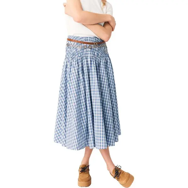 Maje Rhinestone Cotton Maxi Skirt - Blue Check Print