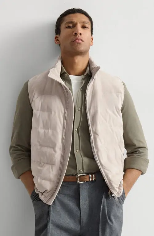 Brunello Cucinelli Suede Down Vest With Packable Hood - Light Brown