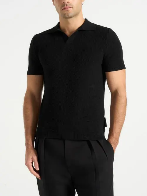 Manière De Voir Rowen Textured Knit Revere Polo Shirt - Black