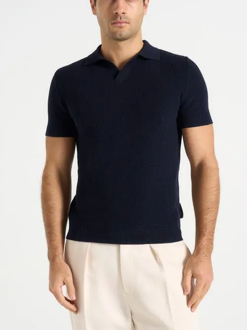 Manière De Voir Rowen Textured Knit Revere Polo Shirt - Navy