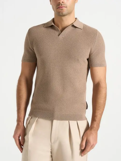 Manière De Voir Rowen Textured Knit Revere Polo Shirt - Taupe