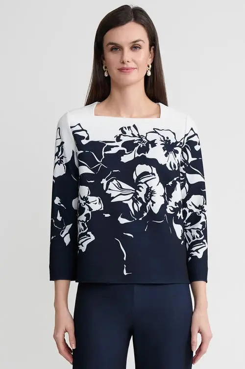 Ming Wang Floral Print Stretch Deco Crepe Blouse - Indigo/white