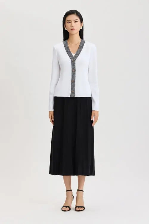 Ming Wang Contrast Trim Knit Cardigan - White/black