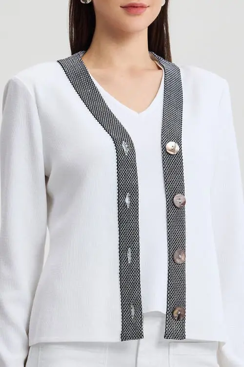 Ming Wang Contrast Trim Soft Knit Cardigan - White/black