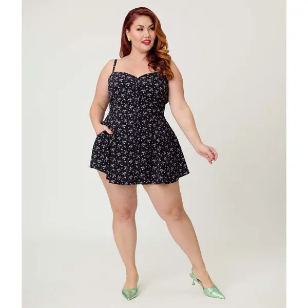 Unique Vintage 1940s Skirted Romper - Black Ditzy Floral
